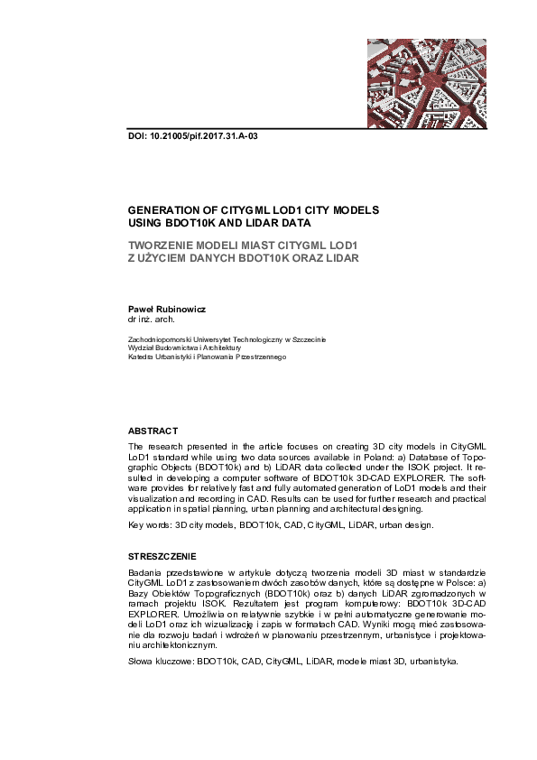 (PDF) Generation of Citygml LOD1 City Models Using BDOT10K and Lidar Data