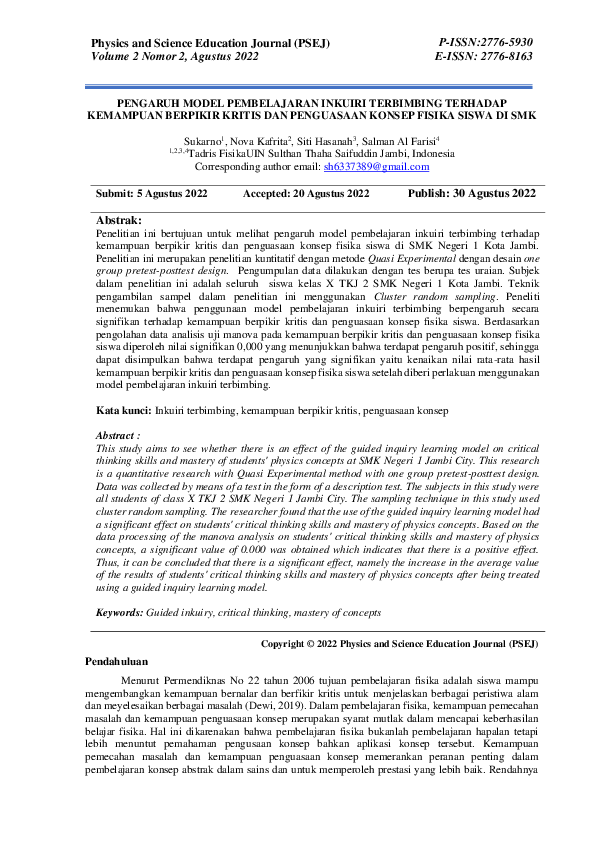 (PDF) Pengaruh Model Pembelajaran Inkuiri Terbimbing Terhadap Kemampuan Berpikir Kritis Dan ...