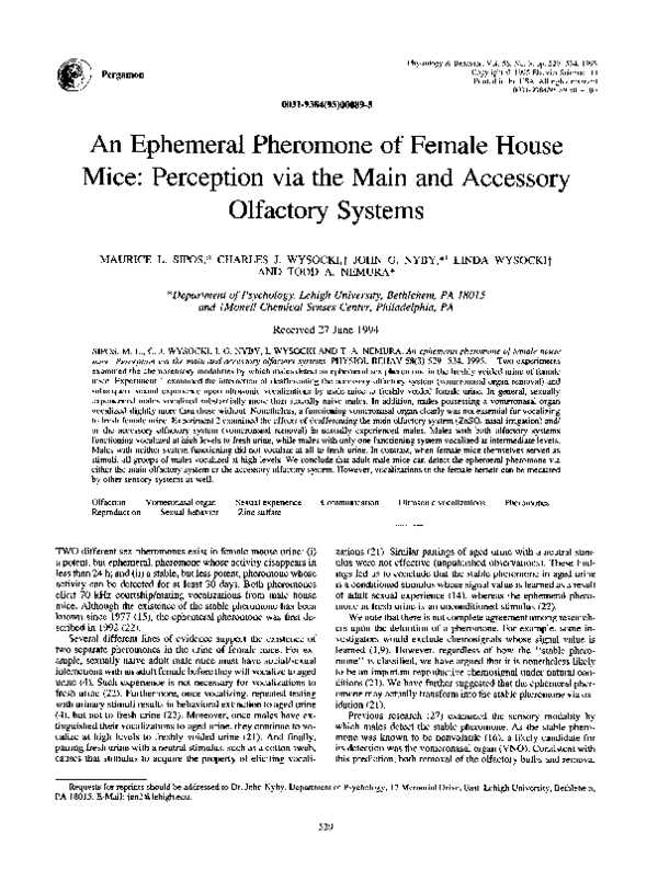 (PDF) An ephemeral pheromone of female house mice: Perception via the ...