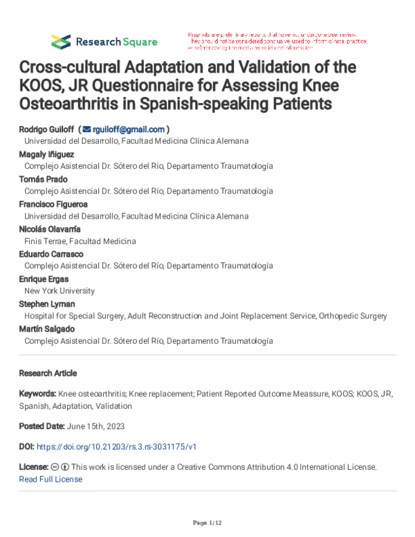 Pdf Cross Cultural Adaptation And Validation Of The Koos Jr Questionnaire For Assessing Knee