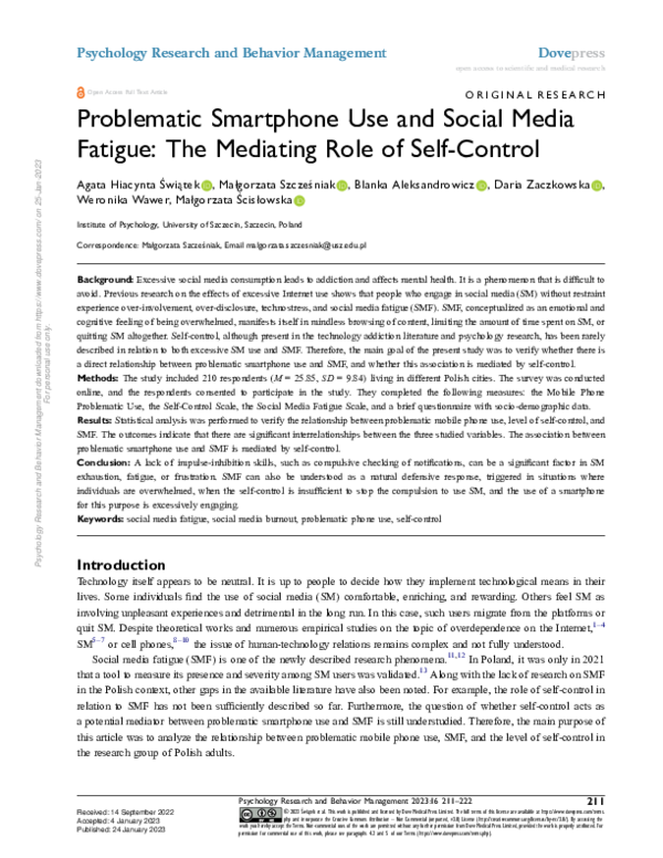 (PDF) Problematic Smartphone Use and Social Media Fatigue: The ...