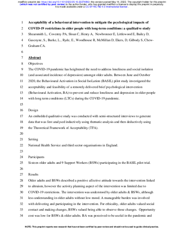 (PDF) Acceptability of a behavioural intervention to mitigate the ...