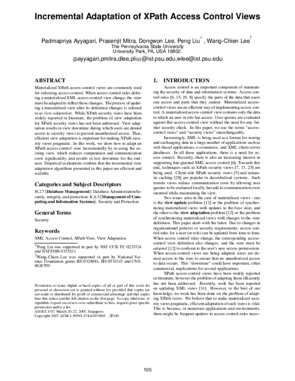 (PDF) Incremental adaptation of XPath access control views | Prasenjit Mitra - Academia.edu