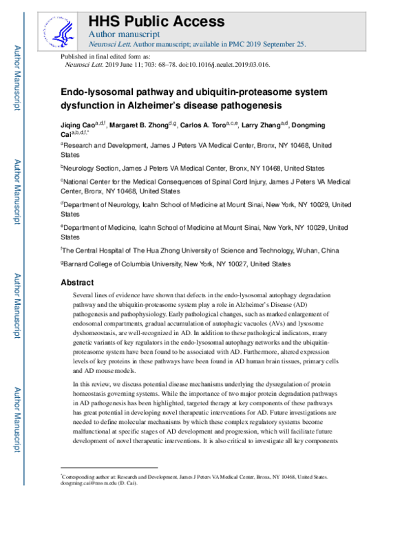 (PDF) Endo-lysosomal pathway and ubiquitin-proteasome system dysfunction in Alzheimer's disease ...