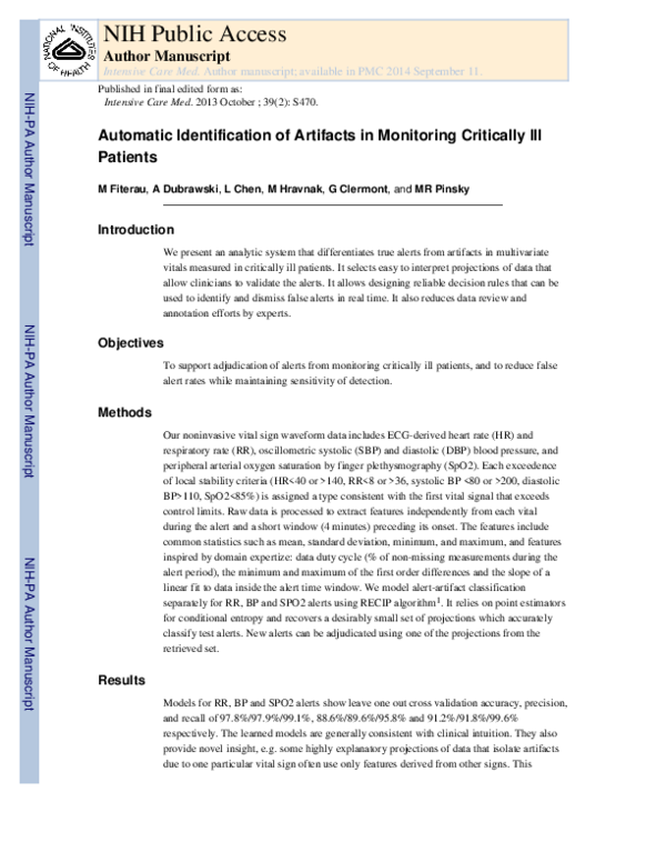 (PDF) Automatic Identification of Artifacts in Monitoring Critically Ill Patients | Artur ...