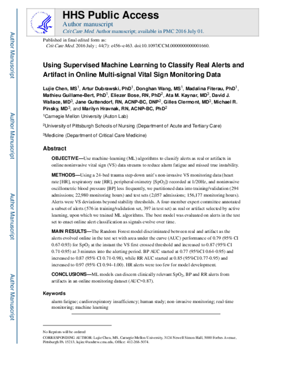 (PDF) Using Supervised Machine Learning to Classify Real Alerts and Artifact in Online ...