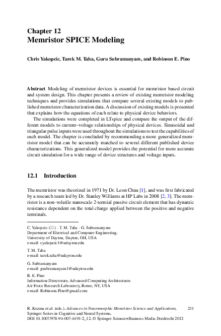(PDF) Chapter 12 Memristor SPICE Modeling