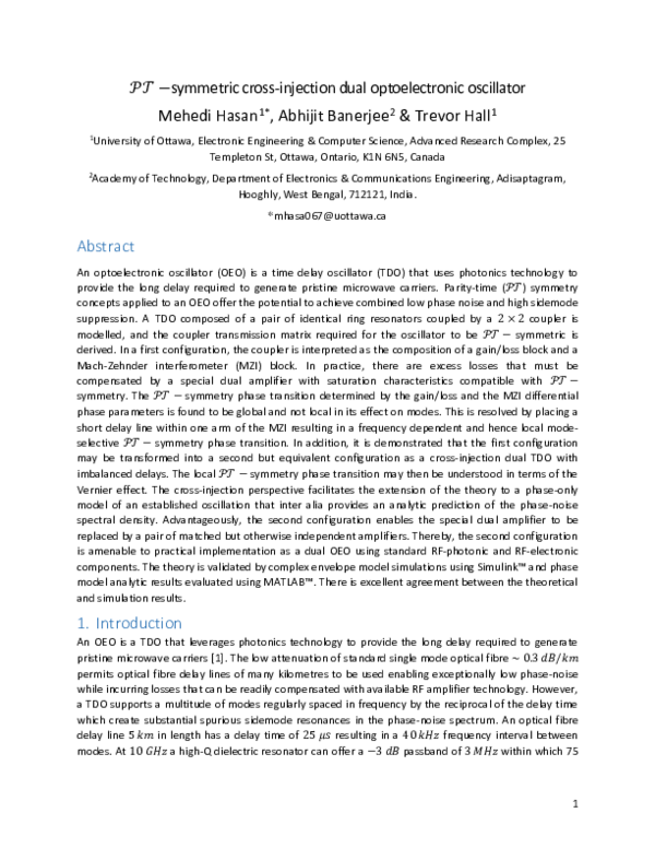(PDF) PT-symmetric cross injection dual optoelectronic oscillator