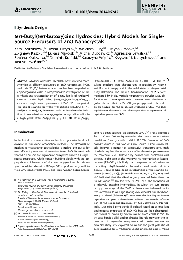 (PDF) tert-Butyl(tert-butoxy)zinc Hydroxides: Hybrid Models for Single-Source Precursors of ZnO ...