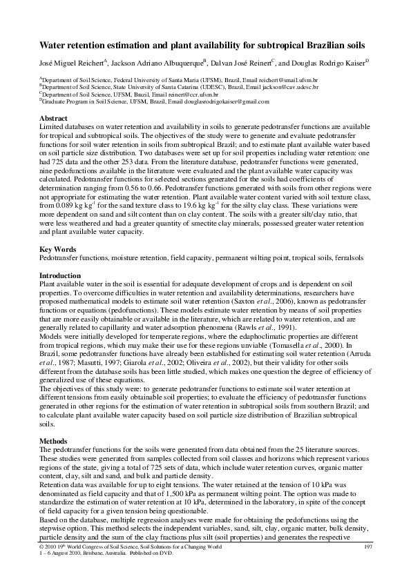 (PDF) Water retention estimation and plant availability for subtropical ...