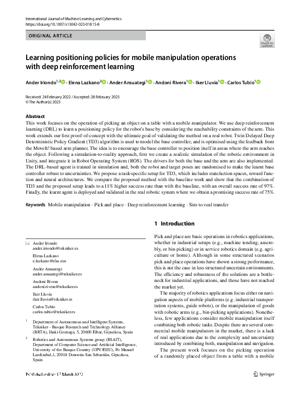 Pdf Learning Positioning Policies For Mobile Manipulation Operations With Deep Reinforcement
