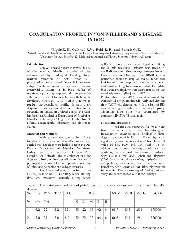 (PDF) COAGULATION PROFILE IN VON WILLEBRAND'S DISEASE IN DOG | Ganesh ...