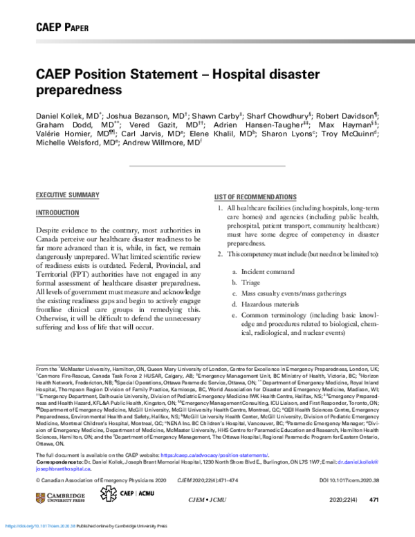 (PDF) CAEP Position Statement – Hospital disaster preparedness