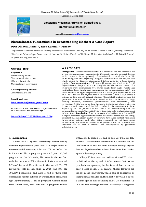 (PDF) Disseminated Tuberculosis in Breastfeeding Mother: A Case Report