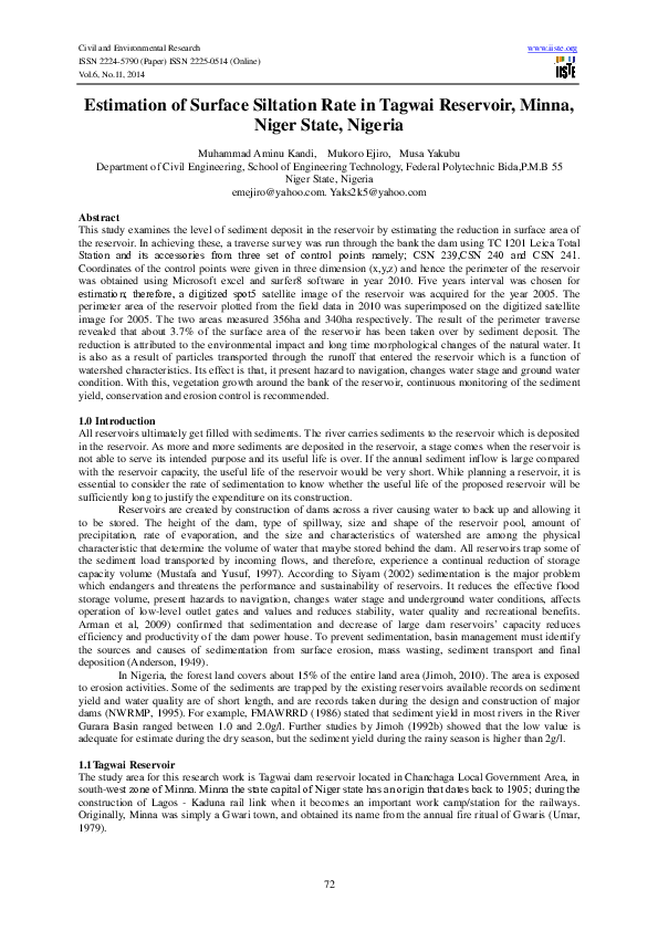 (PDF) Estimation of Surface Siltation Rate in Tagwai Reservoir, Minna ...