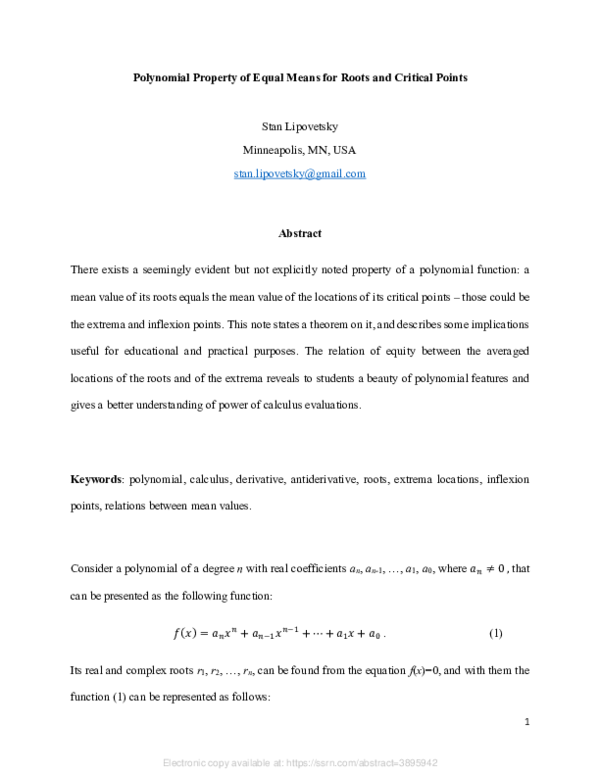 (PDF) Polynomial Property of Equal Means for Roots and Critical Points