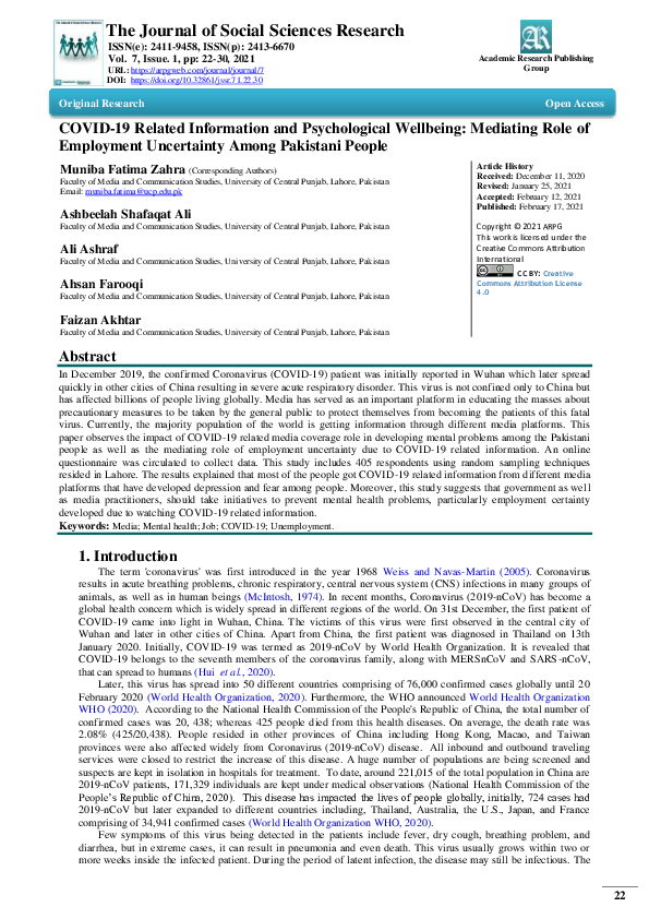 (PDF) The Journal of Social Sciences Research | Muniba Fatima ...