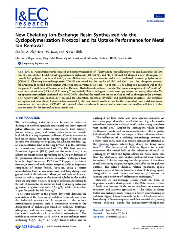 (PDF) New Chelating Ion-Exchange Resin Synthesized via the Cyclopolymerization Protocol and Its ...