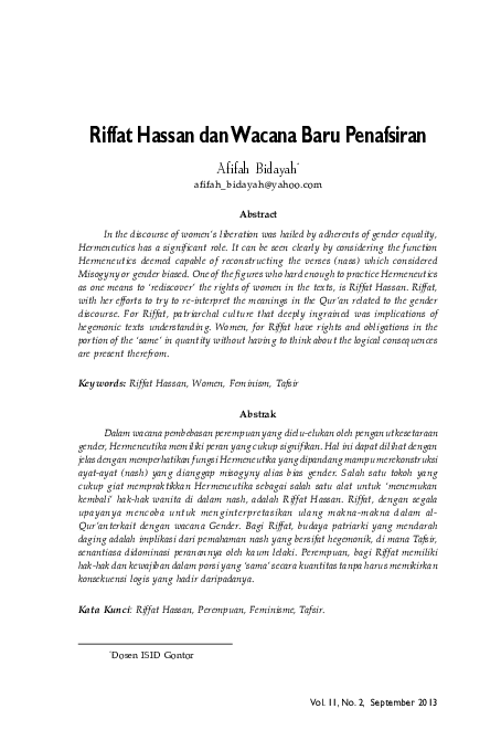 (PDF) Riffat Hassan dan Wacana Baru Penafsiran