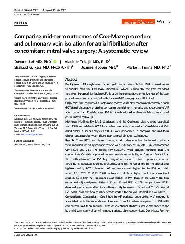 (PDF) Comparing mid-term outcomes of Cox-Maze procedure and pulmonary vein isolation for atrial ...