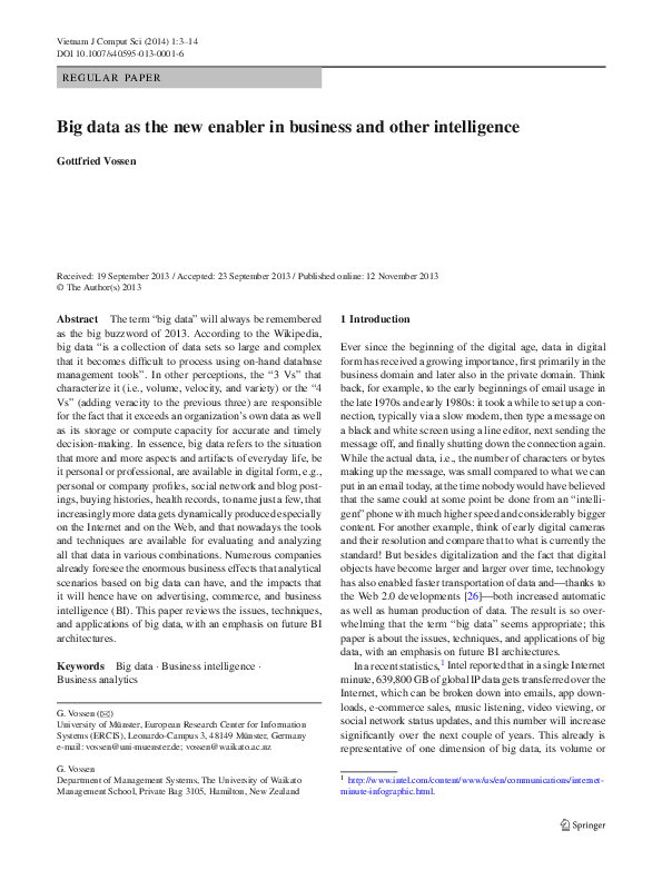 (PDF) Big data as the new enabler in business and other intelligence