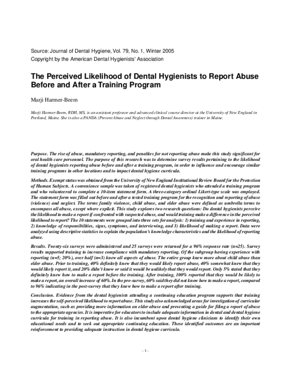(PDF) The perceived likelihood of dental hygienists to report abuse ...