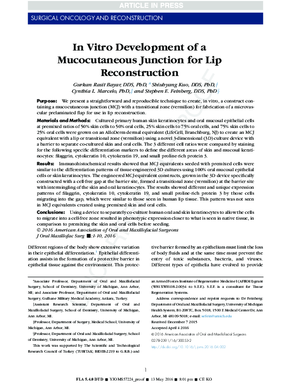 (PDF) In Vitro Development of a Mucocutaneous Junction for Lip Reconstruction