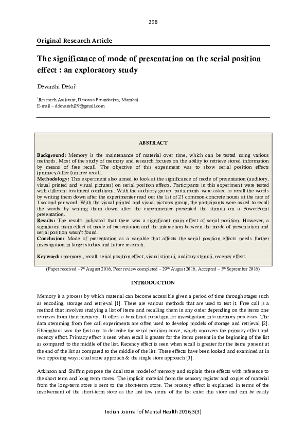(PDF) The Significance Of Mode Of Presentation On The Serial Position ...