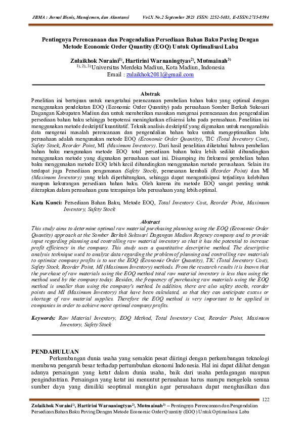 (PDF) Pentingnya Perencanaan dan Pengendalian Persediaan Bahan Baku ...