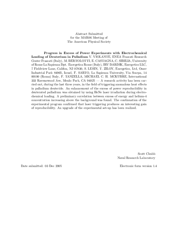(PDF) Progress in Excess of Power Experiments with Electrochemical ...