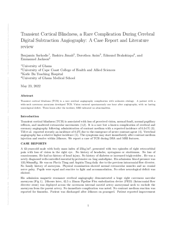 (PDF) Transient Cortical Blindness, a Rare Complication During Cerebral ...