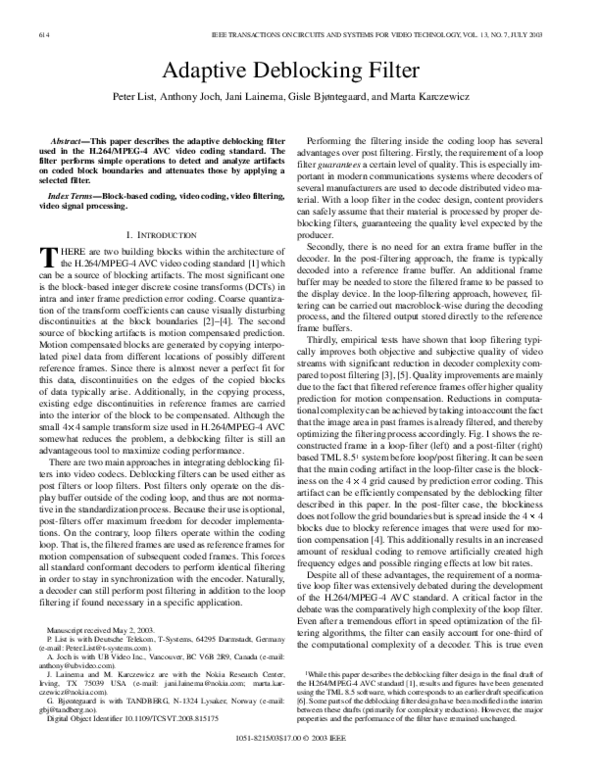 (PDF) Adaptive deblocking filter