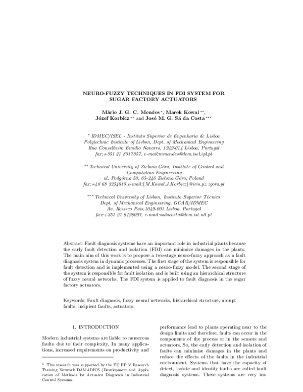 (PDF) Neuro-fuzzy techniques in FDI system for sugar factory actuators