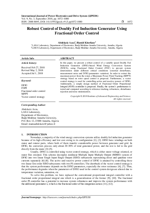 Pdf Robust Control Of Doubly Fed Induction Generator Using Fractional