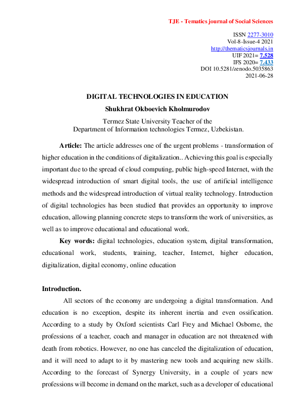(PDF) Digital technologies in education