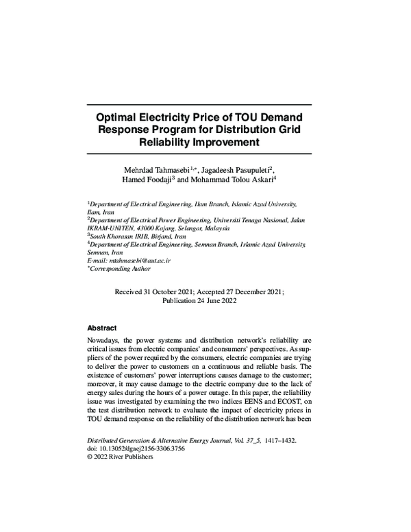 (PDF) Optimal TOU Pricing for Enhancing Distribution Grid Reliability