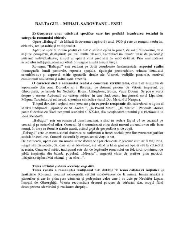 (DOC) BALTAGUL -MIHAIL SADOVEANU -ESEU