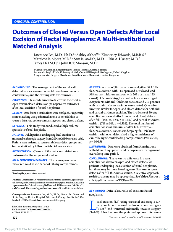 (PDF) Outcomes of Closed Versus Open Defects After Local Excision of ...