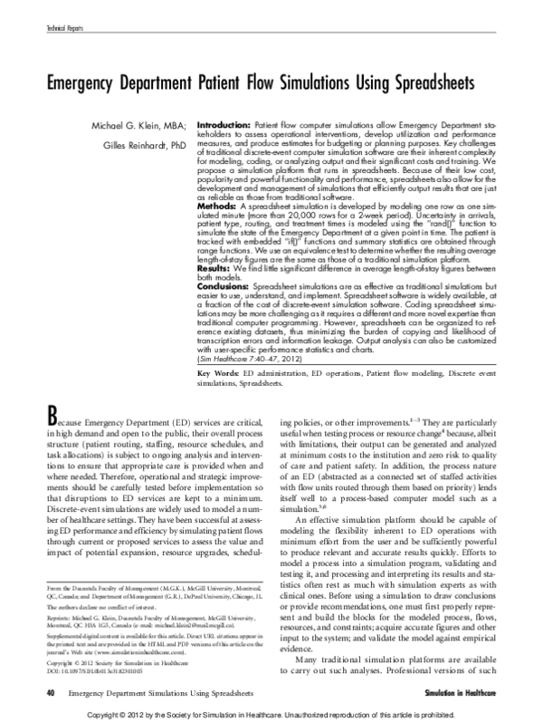(PDF) Emergency department patient flow simulations using spreadsheets