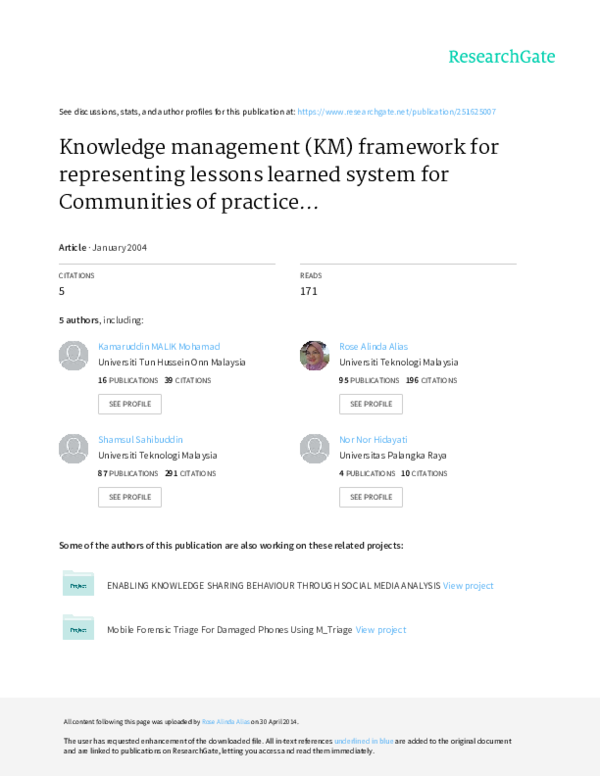 (PDF) Knowledge Management (KM) Framework for Representing Lessons Learned System for ...