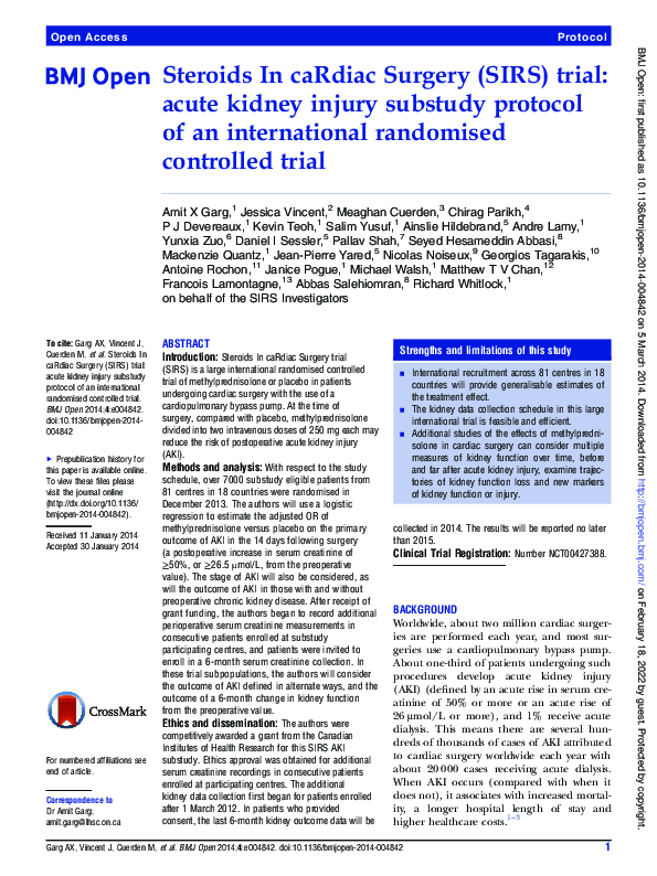 (PDF) Steroids In caRdiac Surgery (SIRS) trial: acute kidney injury ...