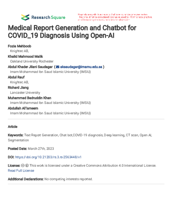(PDF) Medical Report Generation and Chatbot for COVID_19 Diagnosis ...