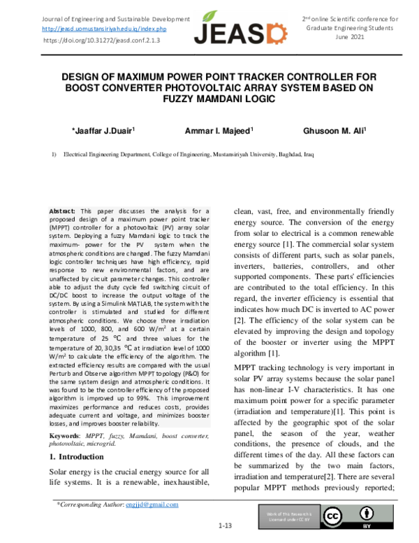 Pdf Design Of Maximum Power Point Tracker Controller For Boost Converter Photovoltaic Array