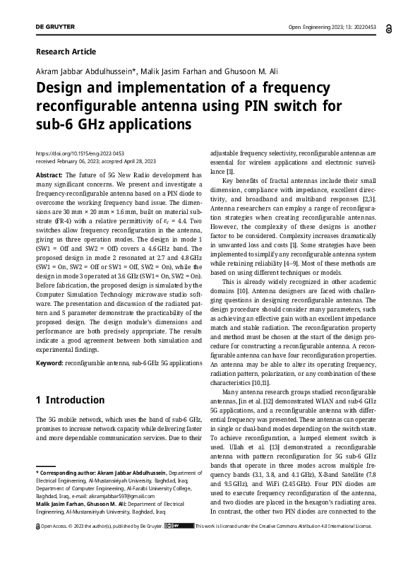 (PDF) Design and implementation of a frequency reconfigurable antenna using PIN switch for sub-6 ...