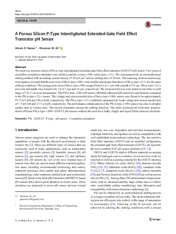(PDF) A Porous Silicon P-Type Interdigitated Extended-Gate Field Effect Transistor pH Sensor