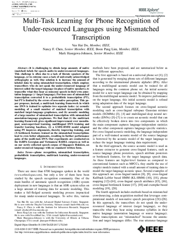 (PDF) Multitask Learning for Phone Recognition of Underresourced Languages Using Mismatched ...