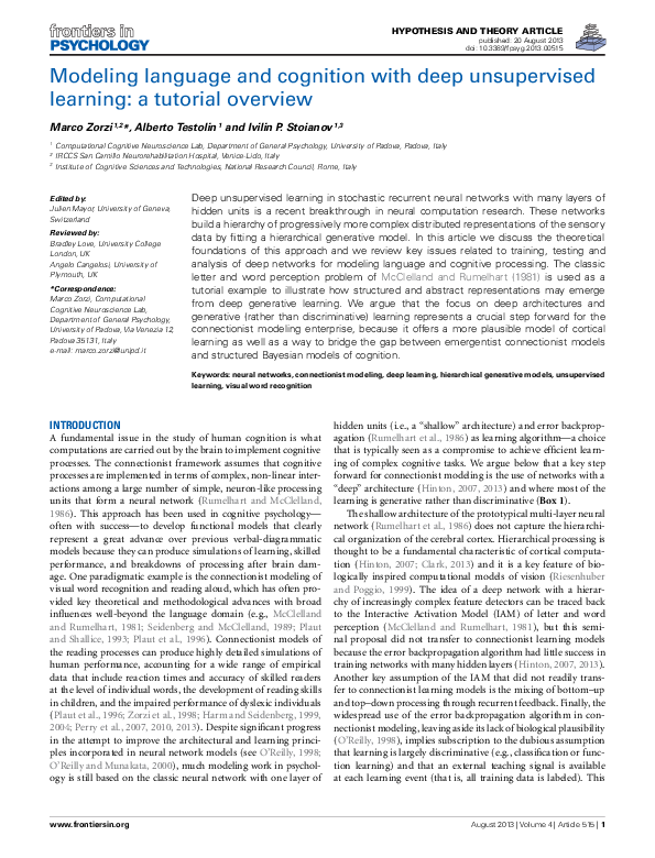 (PDF) Modeling language and cognition with deep unsupervised learning: a tutorial overview
