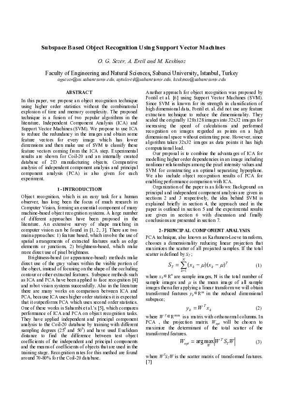 Pdf Subspace Based Object Recognition Using Support Vector Machines 