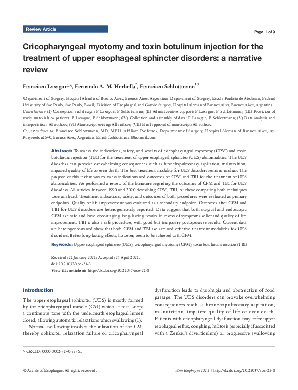 (PDF) Cricopharyngeal myotomy and toxin botulinum injection for the ...