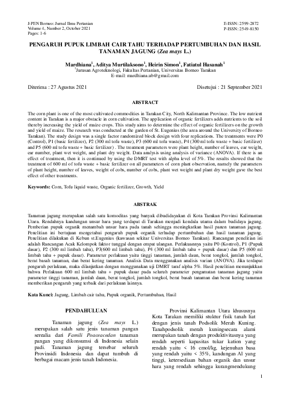 (PDF) PENGARUH PUPUK LIMBAH CAIR TAHU TERHADAP PERTUMBUHAN DAN HASIL TANAMAN JAGUNG (Zea mays L.)